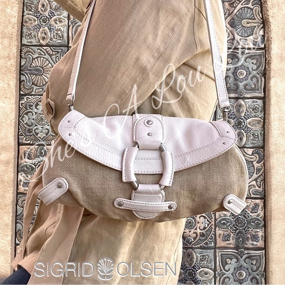 Sigrid Olsen | Bags | Sigrid Olsen Small White Leather Beige Linen ...